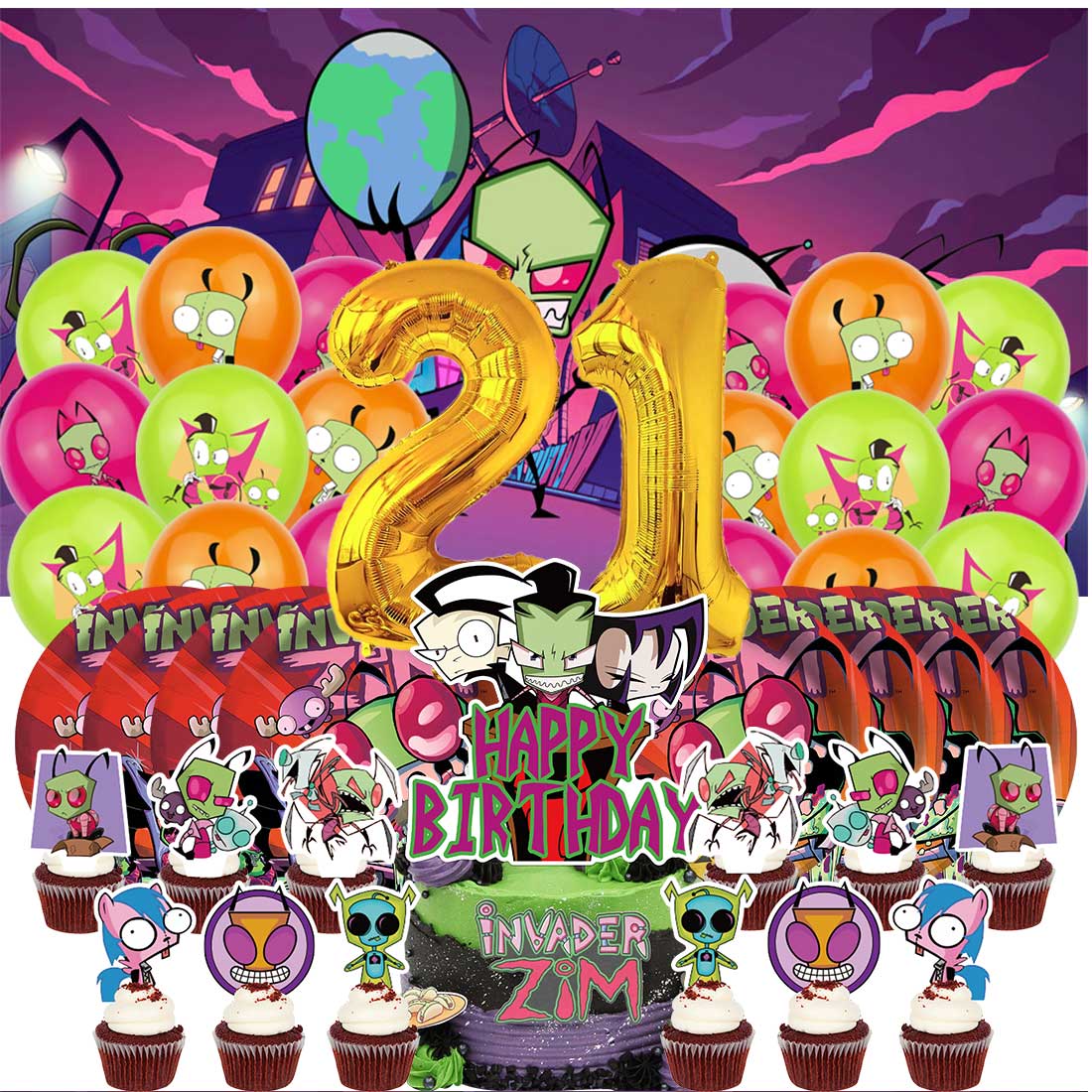Invader Zim Balloons Party Supplies 21th Decor Tableware Birthday Cake ...
