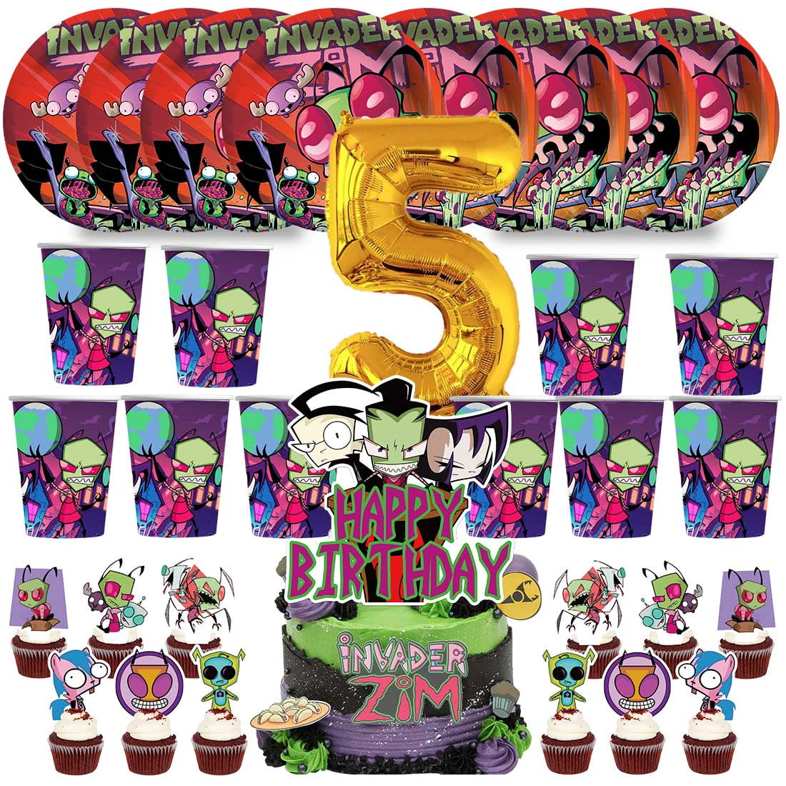 Invader Zim Birthday 5th Cups Party Supplies Plates Fans Decorations ...