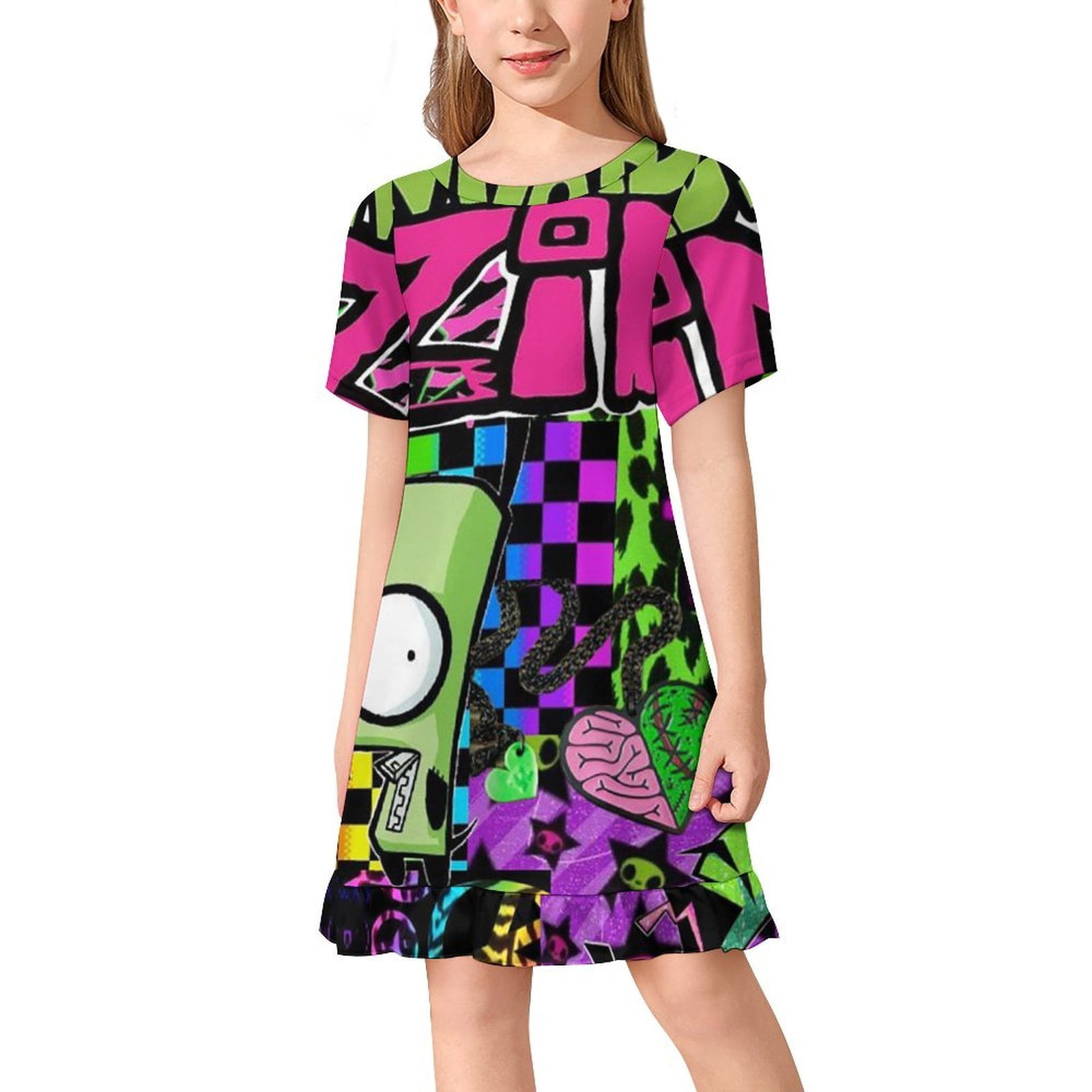 Invader Zim Girls Short Sleeve Dress A Line Twirly Skater Dress Casual ...