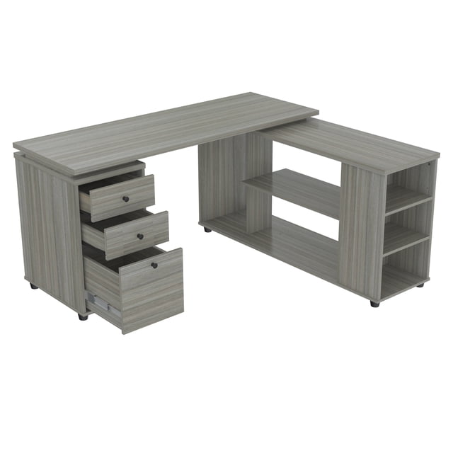 Inval L-Shape Desk with File Drawer, Smoke Oak - Walmart.com