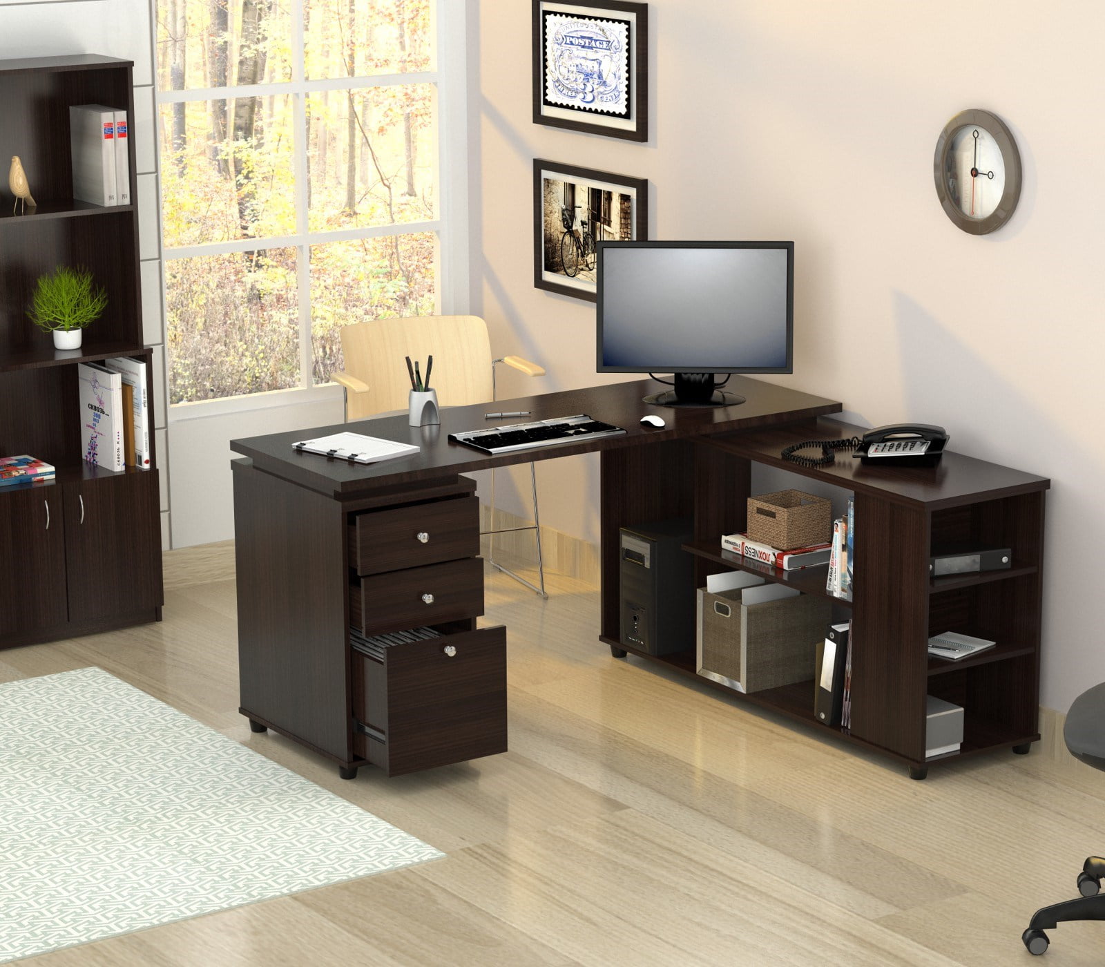 Free Shipping! Inval Modern 3-Drawer 6-Shelf L-Shaped Desk, Espresso ...