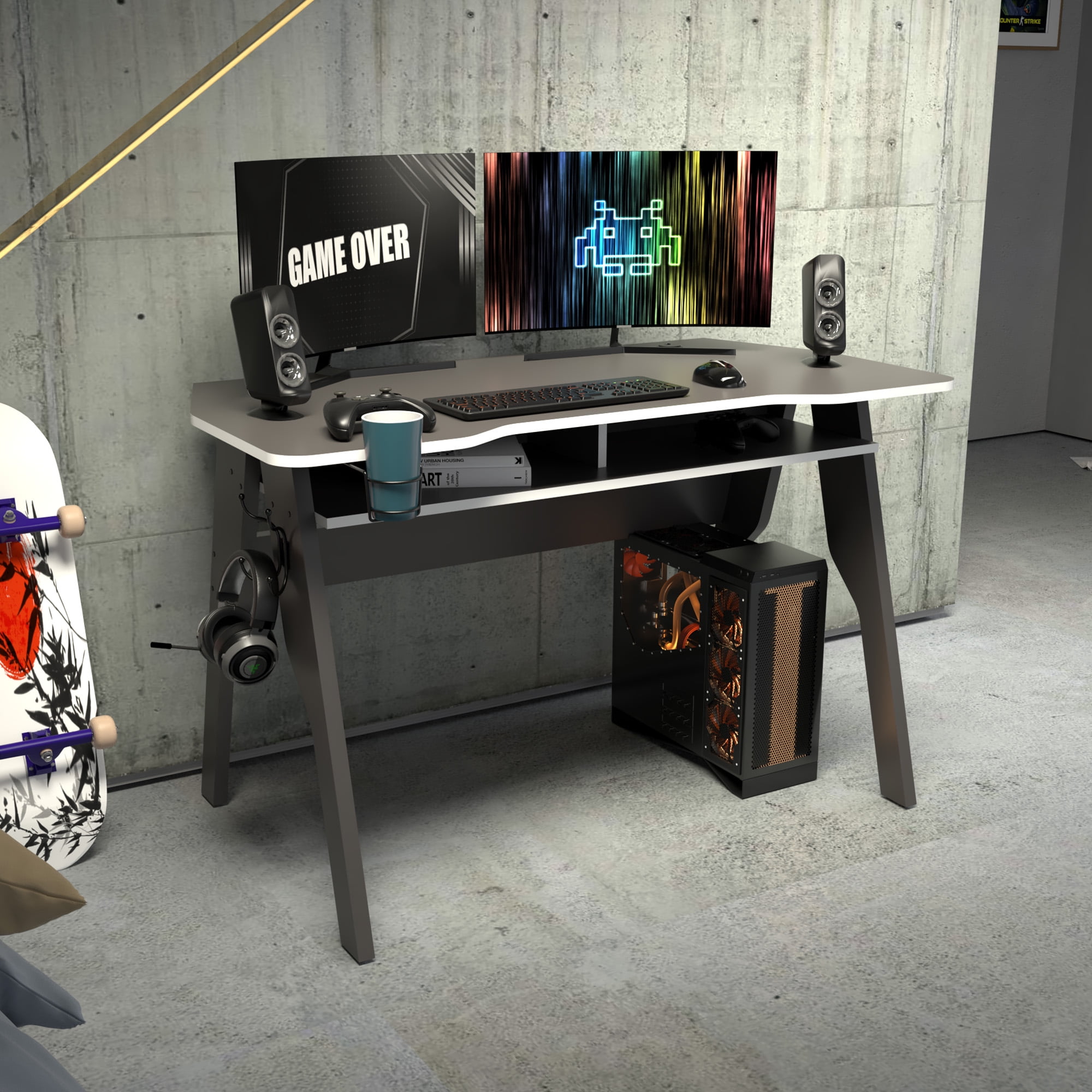 Inval Modern Gaming Desk with Cup Holder and Coat Hook Gray Plomo for ...