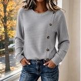 Invelree Women's Crewneck Sweaters Ribbed Long Sleeve Button Decor ...
