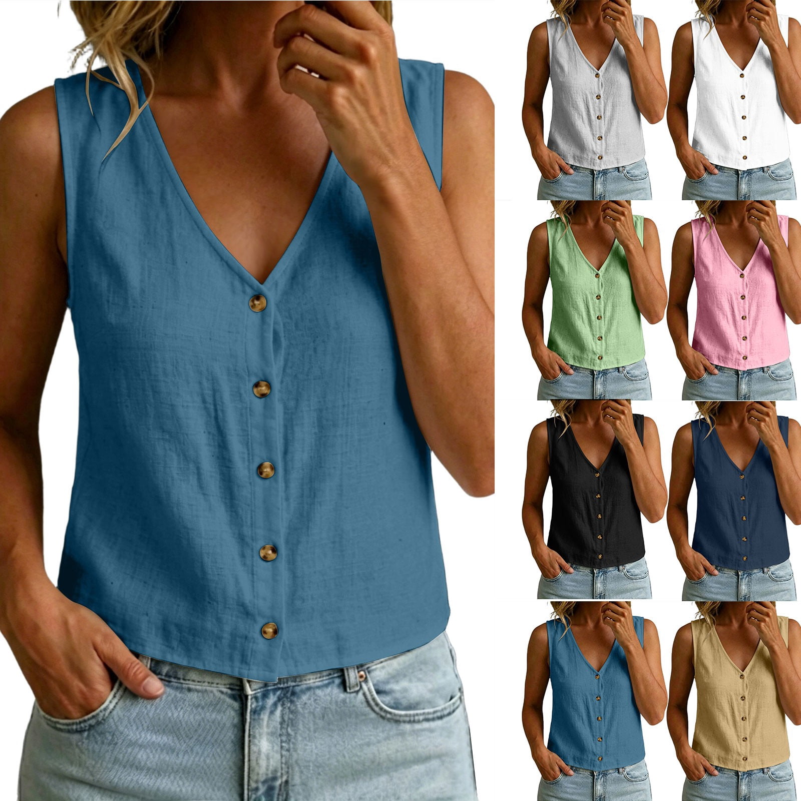 Invelree Womens Cotton Linen Button Front Sleeveless Tops V Neck Casual ...