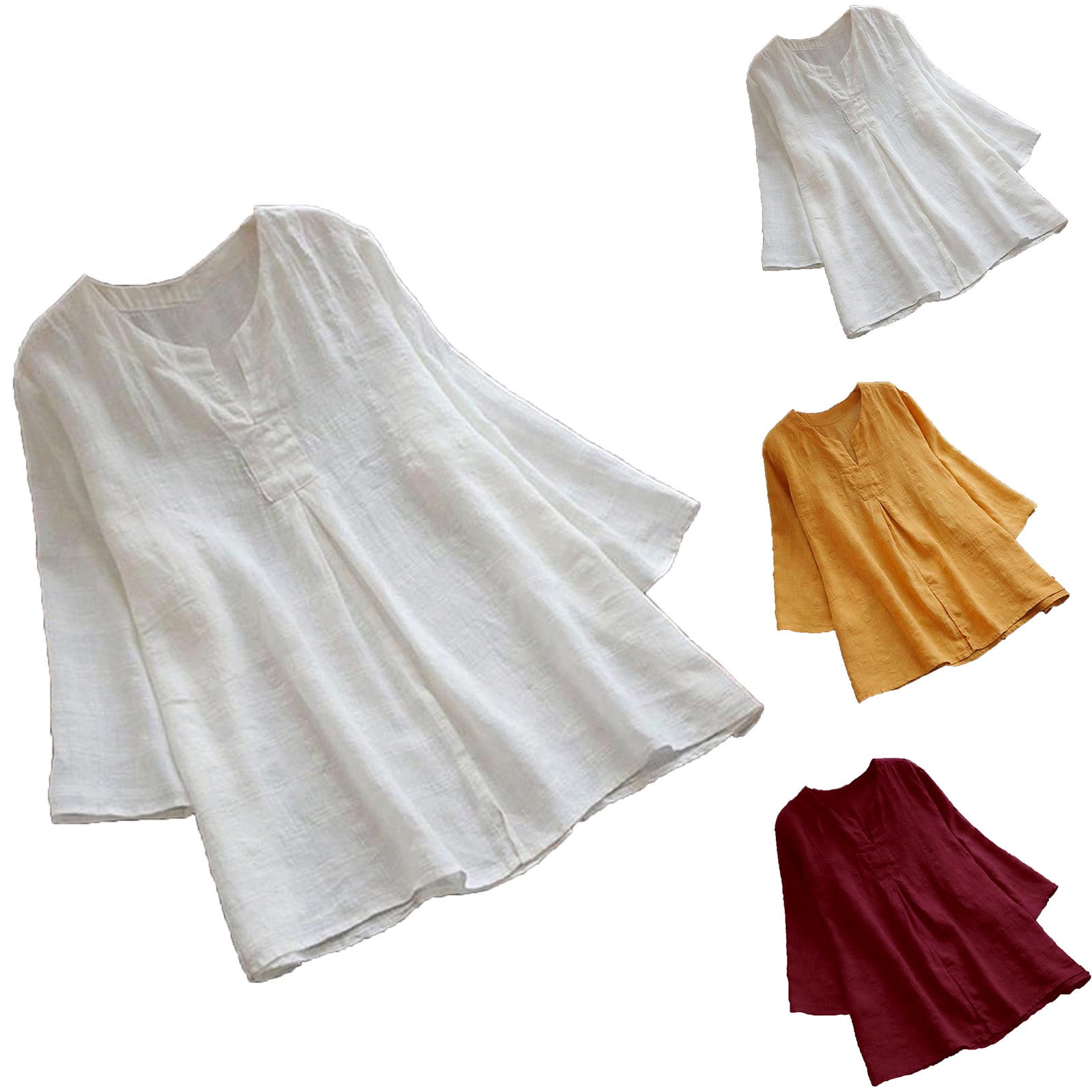 Inverlee Cotton Linen Trendy Shirts for Women Solid V Neck Blouse ...