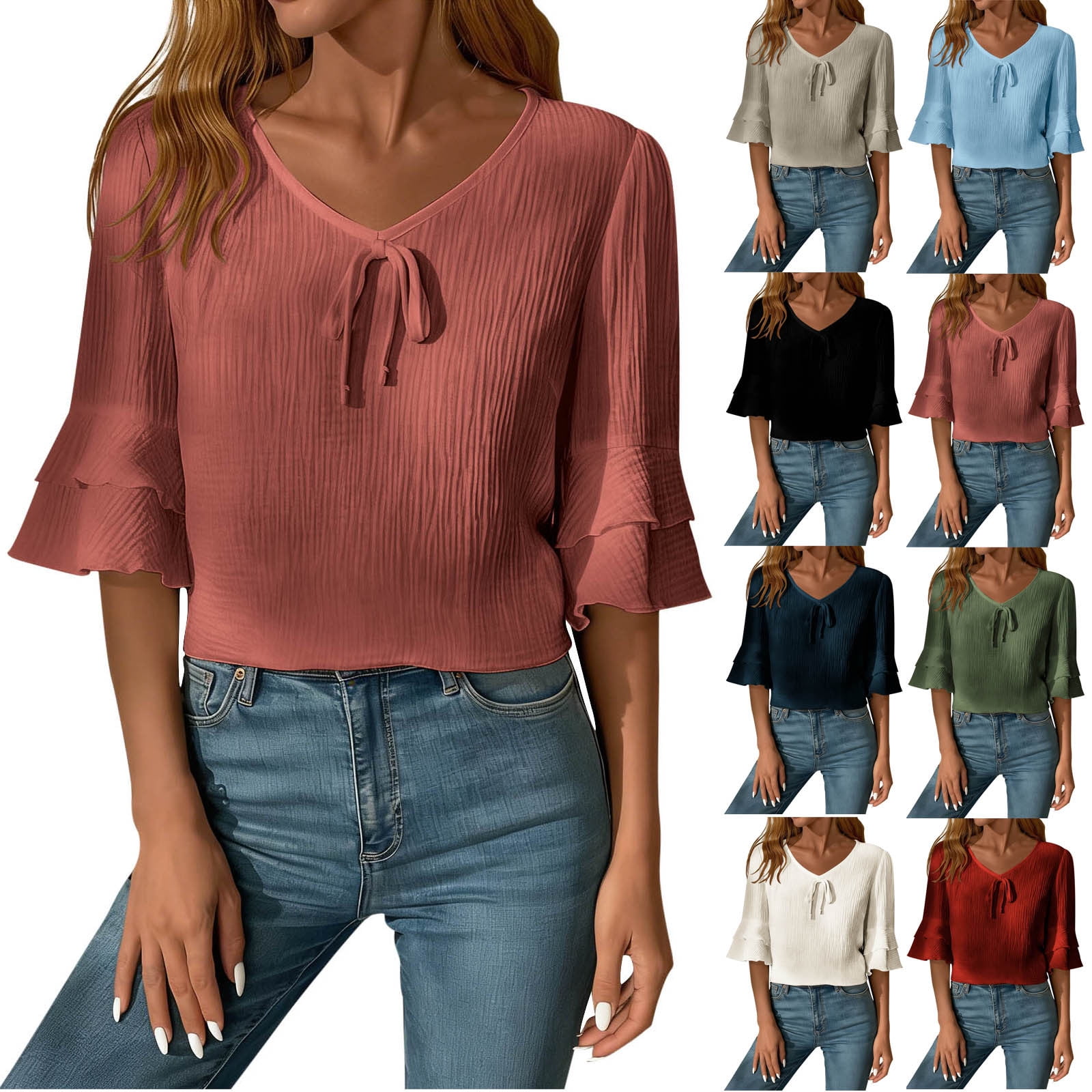 Inverlee Cotton Linen V Neck Shirts for Women Trendy 3/4 Sleeve Tops ...