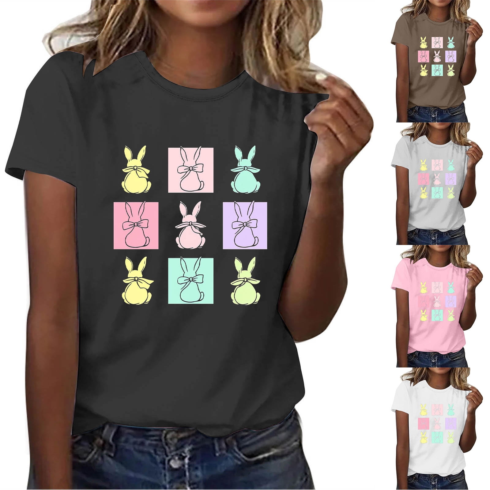 Inverlee Easter Tshirts for Women Cute Rabbits Eggs Graphic Tees Loose ...