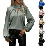 Inverlee Satin Mock Neck Keyhole Shirts for Women Trendy Lantern Long ...