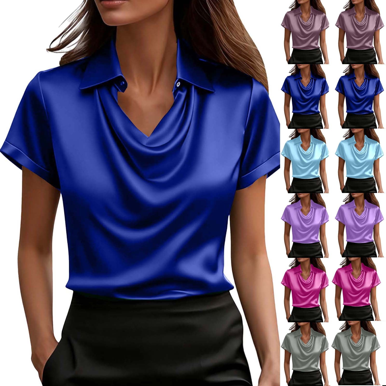 Inverlee Satin Short Sleeve Blouse for Women Trendy Cowl Neck Shirts ...