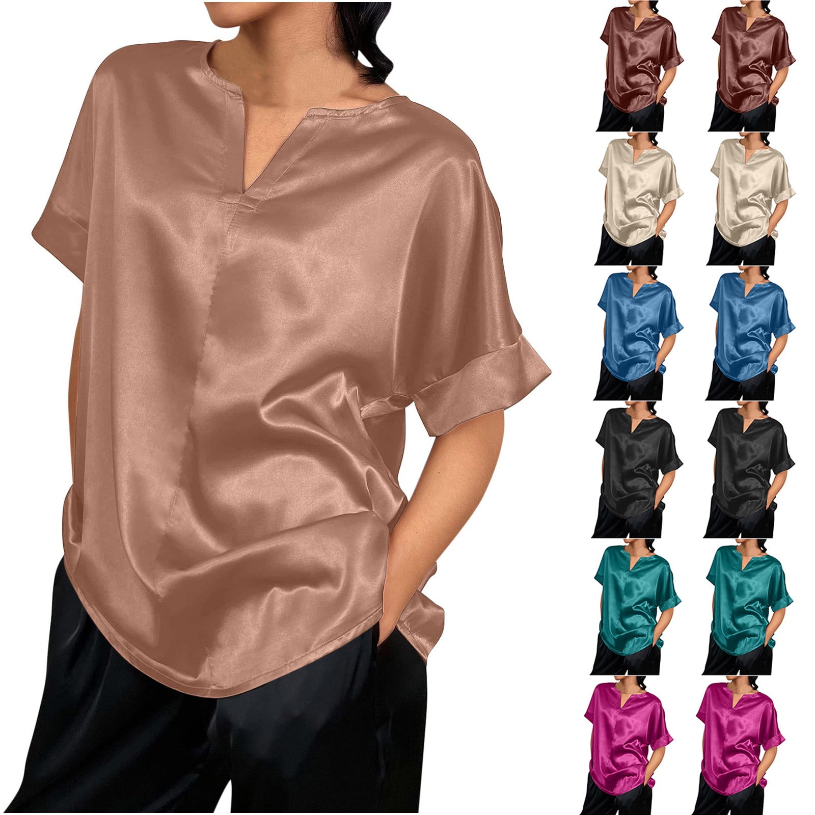 Inverlee Silk Satin Blouses for Women Boho Short Sleeve Tops Cute Loose ...