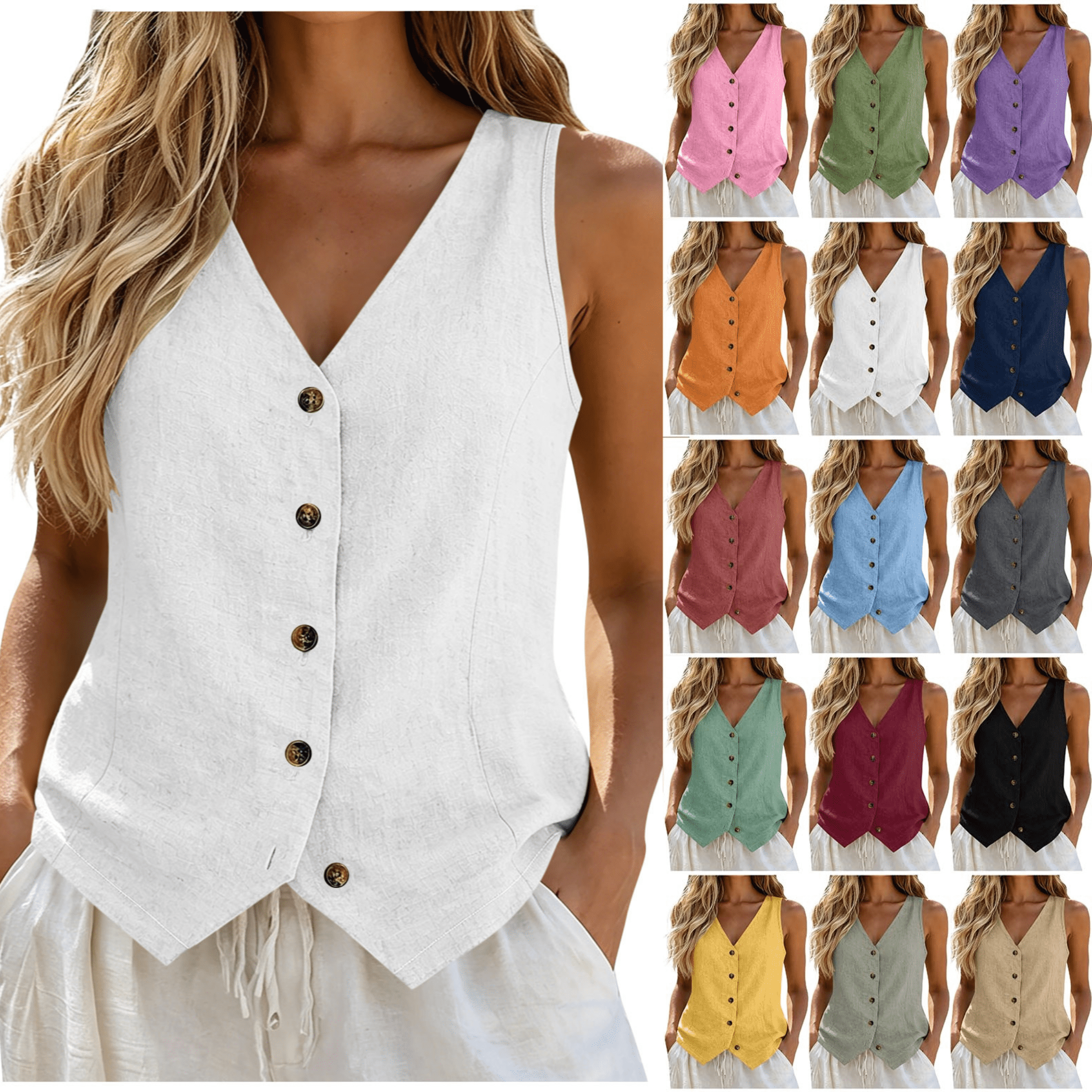 Inverlee Solid Color Sleeveless Vests for Women V Neck Button Front ...
