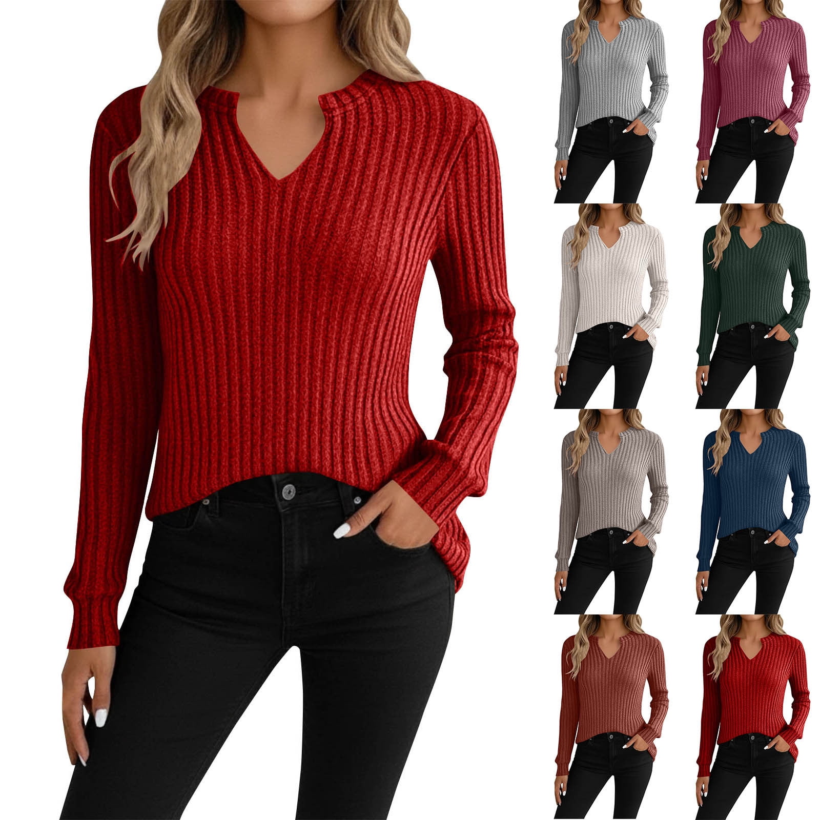 Inverlee Solid Ribbed Knit V Neck Tops Winter Trendy Long Sleeve Shirts ...