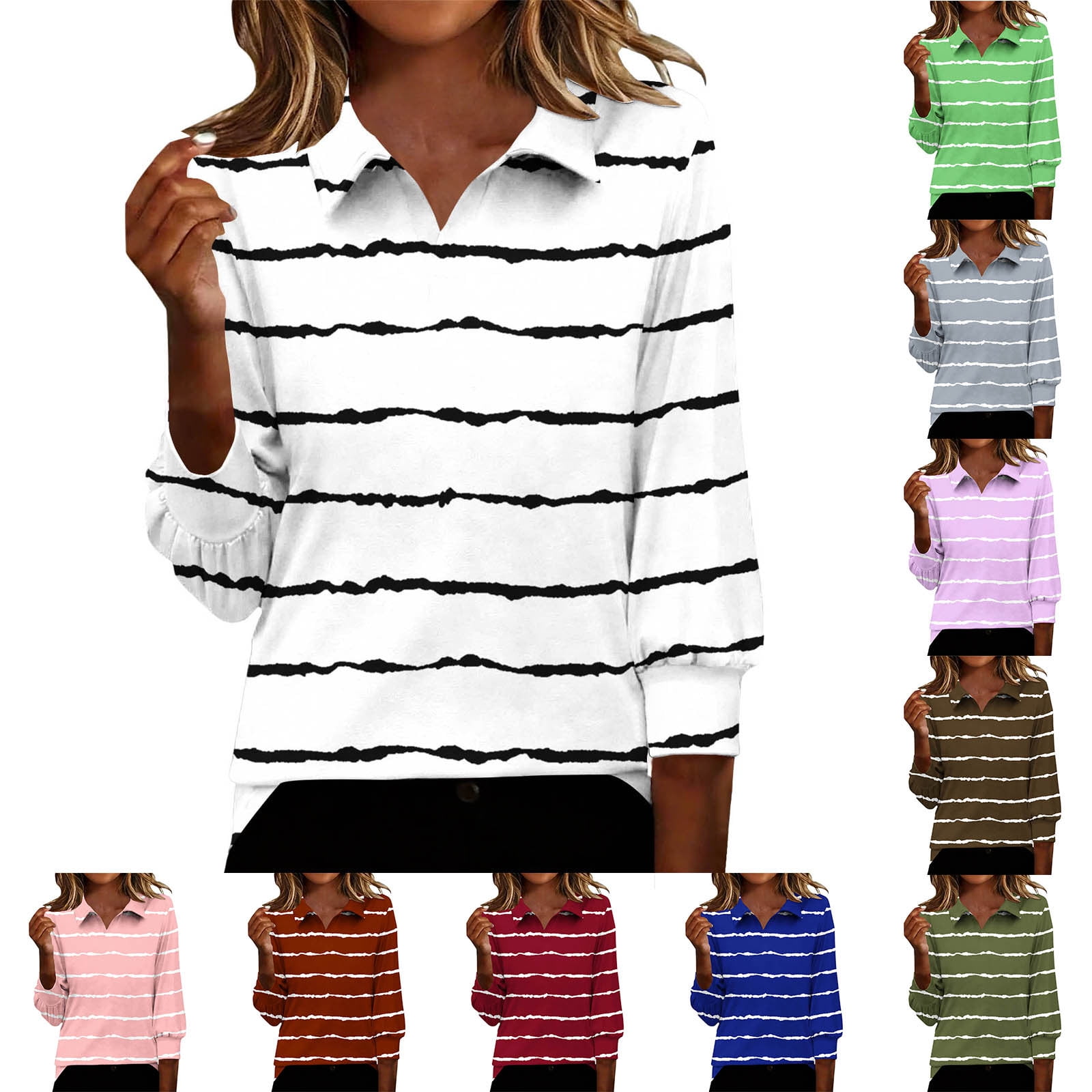 Inverlee Striped 3/4 Sleeve Blouse for Women Trendy Collared V Neck ...