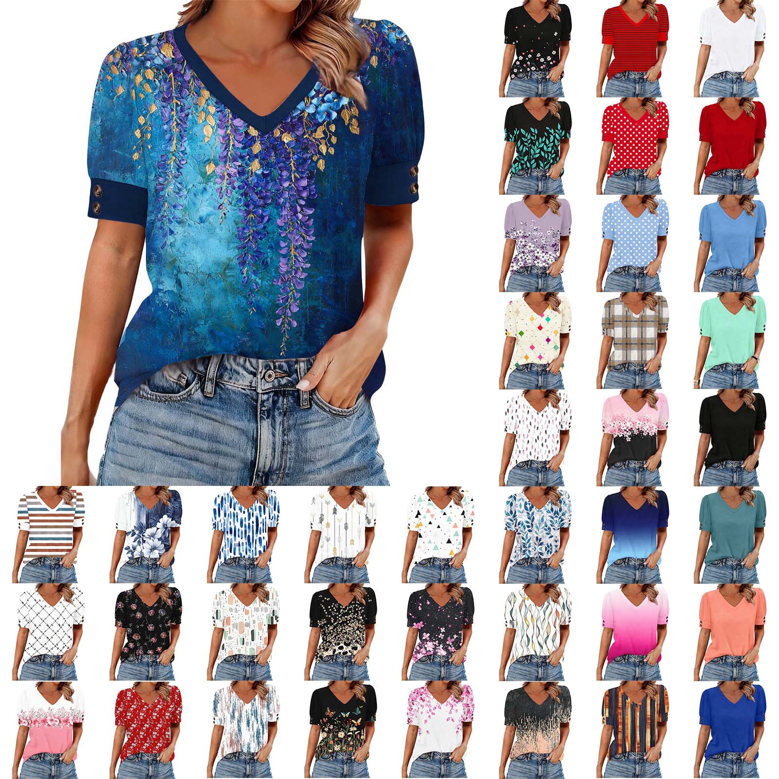 Inverlee Summer Shirts for Women Puff Short Sleeve V Neck Cherry ...