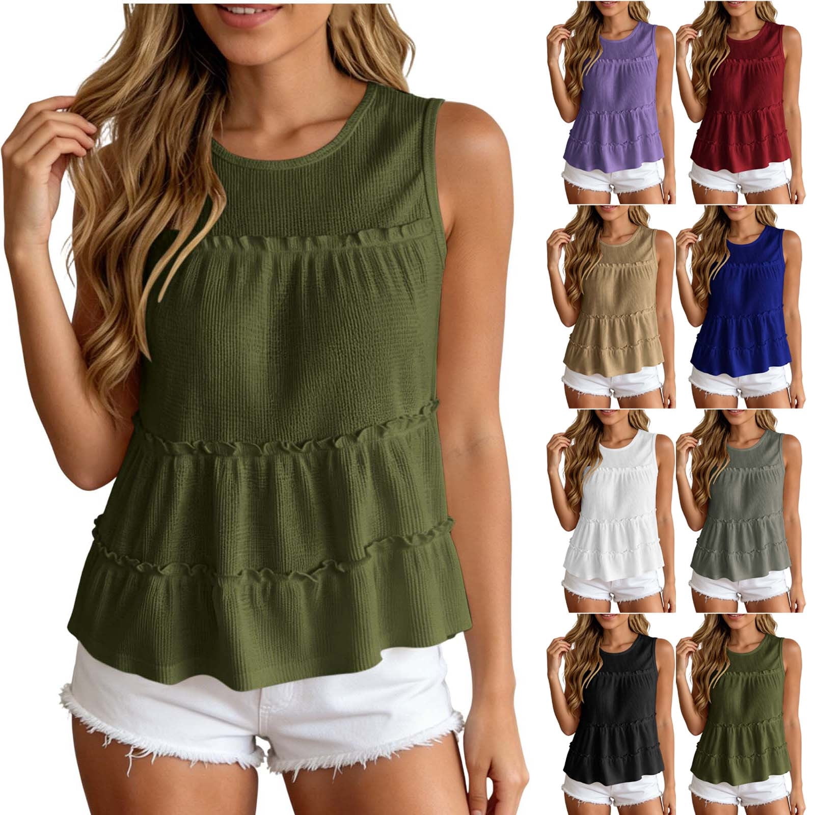 Inverlee Tiered Ruffle Sleeveless Peplum Tank Top for Women Casual ...