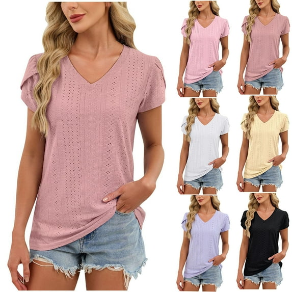 Inverlee Women's Crochet Petal Short Sleeve Tunic Tops Eyelet ...