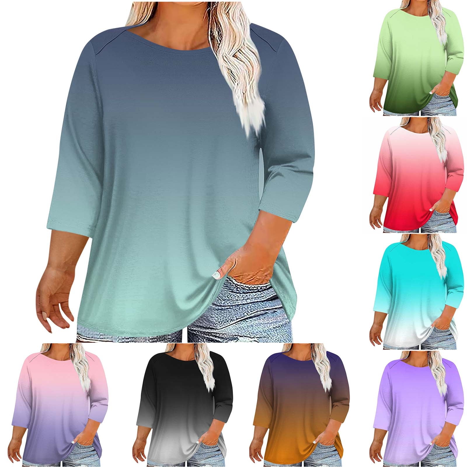 Inverlee Women's Plus Size 3/4 Sleeve Tunics Tops Trendy Gradient Color ...