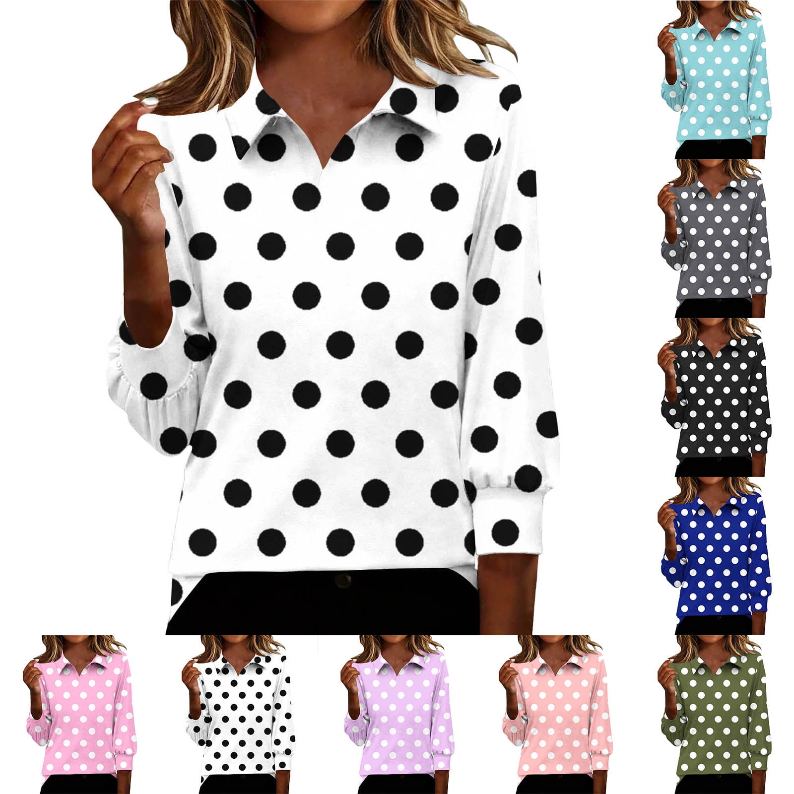 Inverlee Women's Polka Dot Print 3/4 Sleeve Tops Trendy V Neck Collared ...