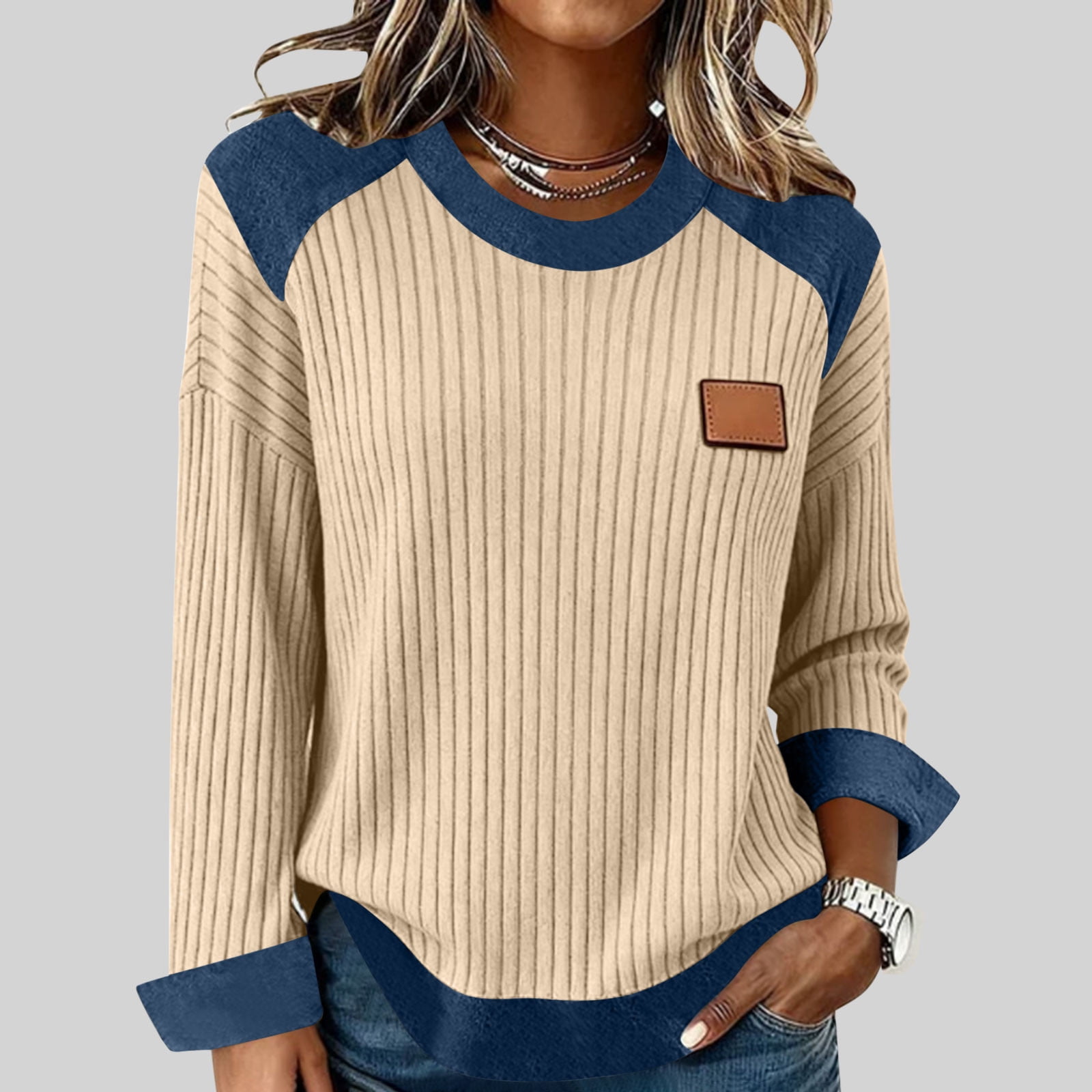 Inverlee Women's Ribbed Knit Long Sleeve Jean Tops Denim Patchwork ...