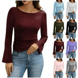 Inverlee Women's Trendy Long Bell Sleeve Shirts Solid Round Neck Tops ...