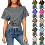 Inverlee Women's Trendy Short Sleeve Crop Tops Solid Slim Fit Round ...