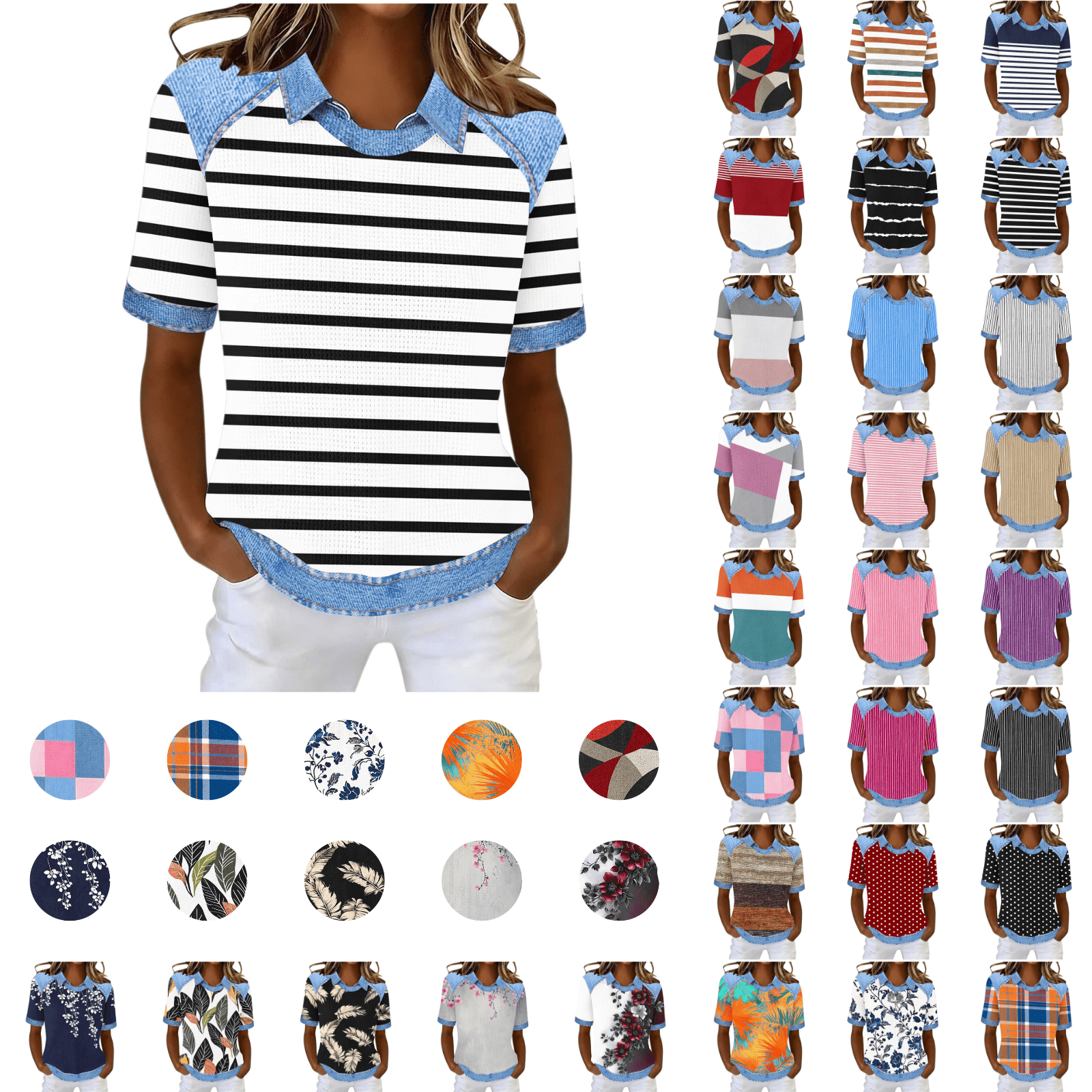 Inverlee Women's Waffle Plaid Print Short Sleeve Tees Denim Trim Round ...