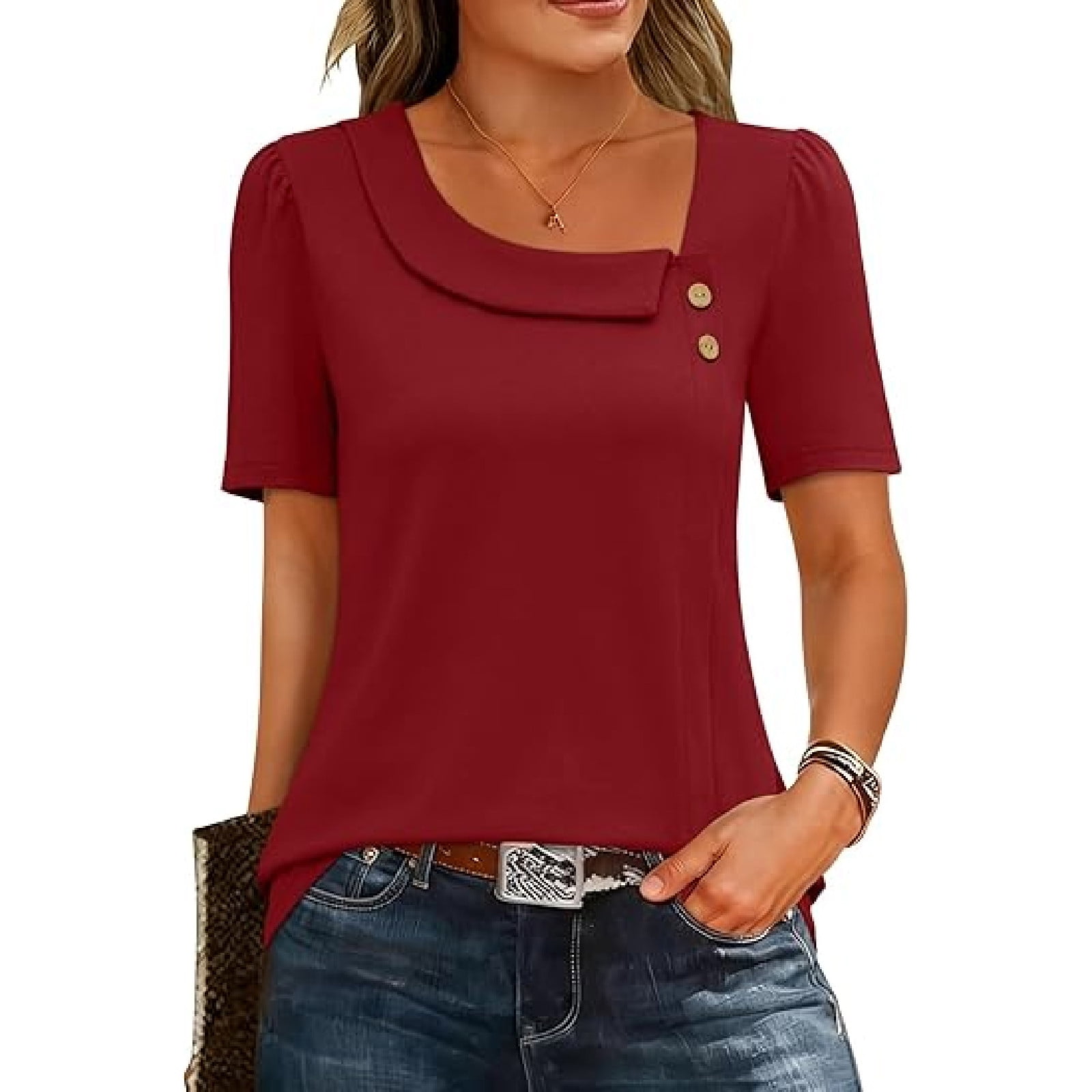 Inverlee Womens Asymmetrical Collar Tops with Button Trendy Solid ...