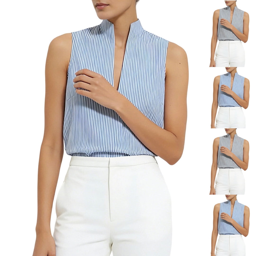 Inverlee Womens Deep V Neck Stand Collar Tank Tops Trendy Striped ...
