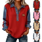 Inverlee Womens Denim Patchwork V Neck Blouse Solid Long Sleeve Lapel ...