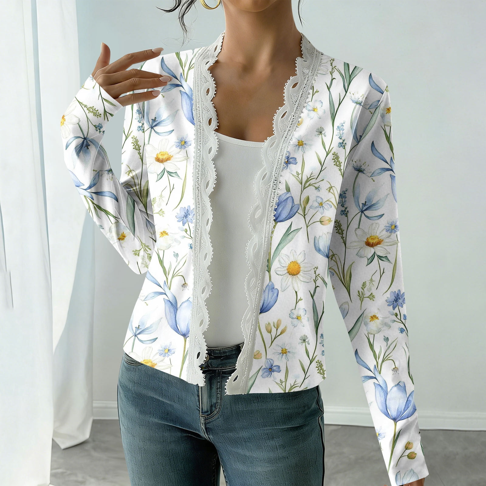 Inverlee Womens Lace Trim Long Sleeve Cardigan Floral Print Open Front ...