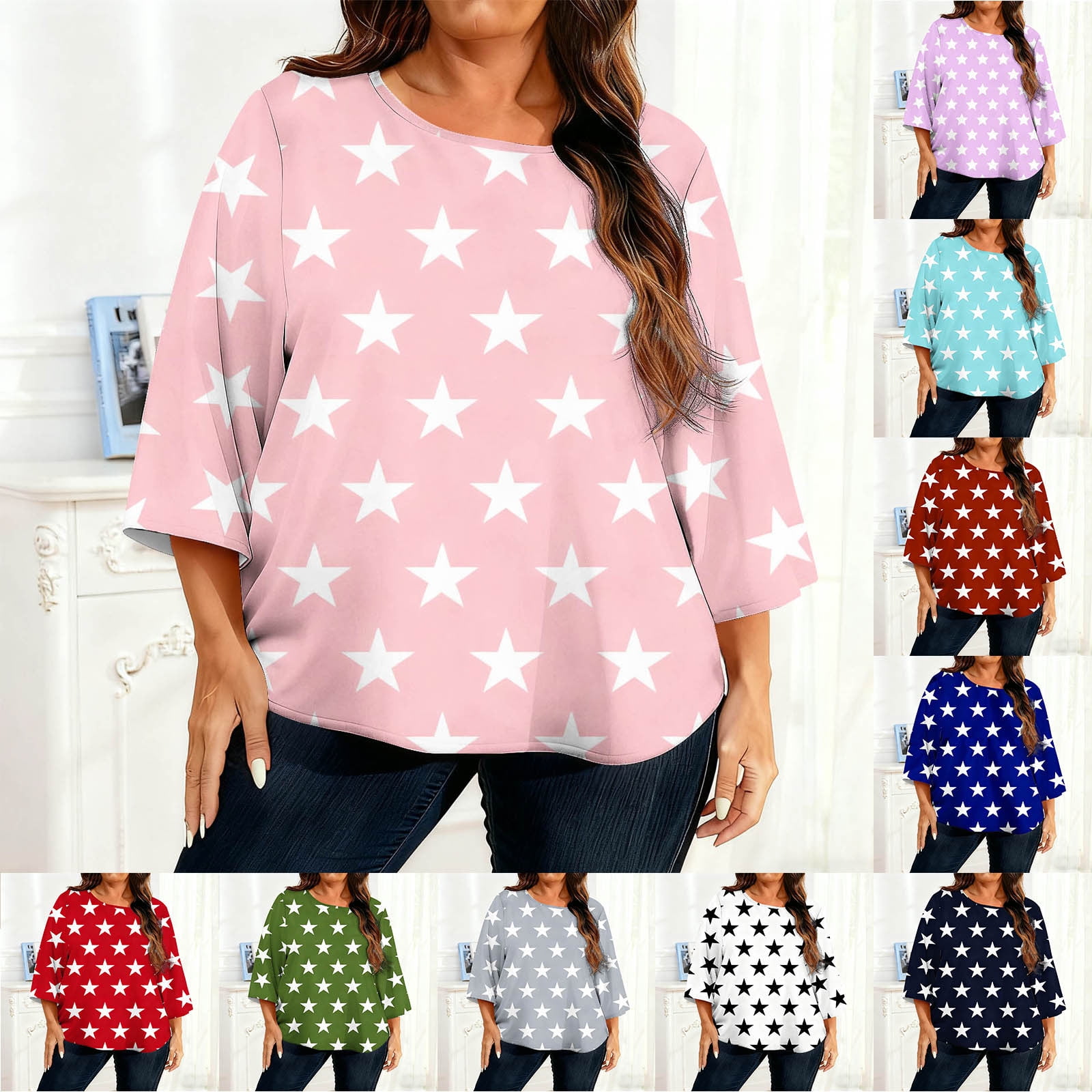 Inverlee Womens Plus Size Round Neck Shirts Star Print 3/4 Sleeve Tops ...