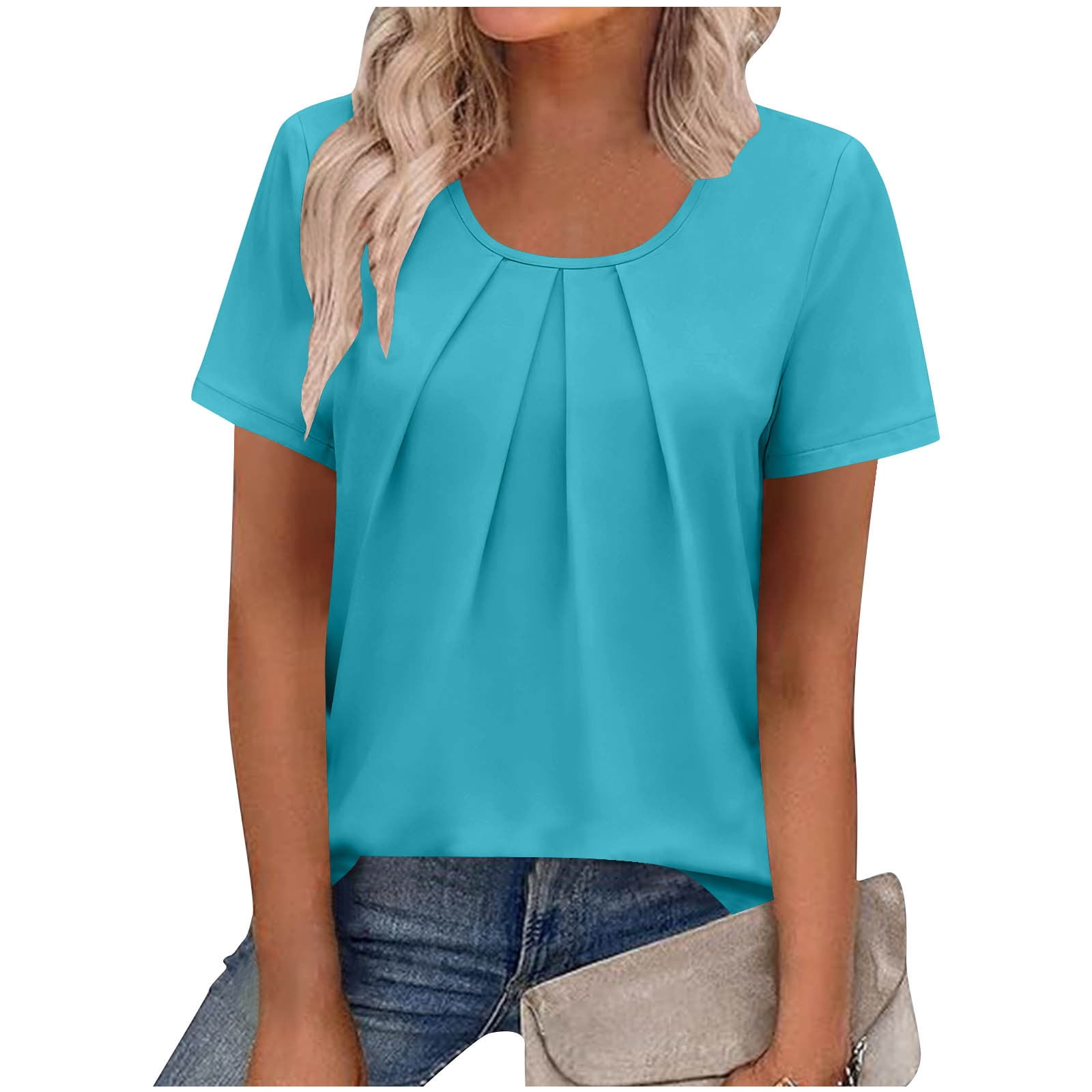 Inverlee Womens Round Neck Short Sleeve Shirts Round Neck Pleated Slim ...