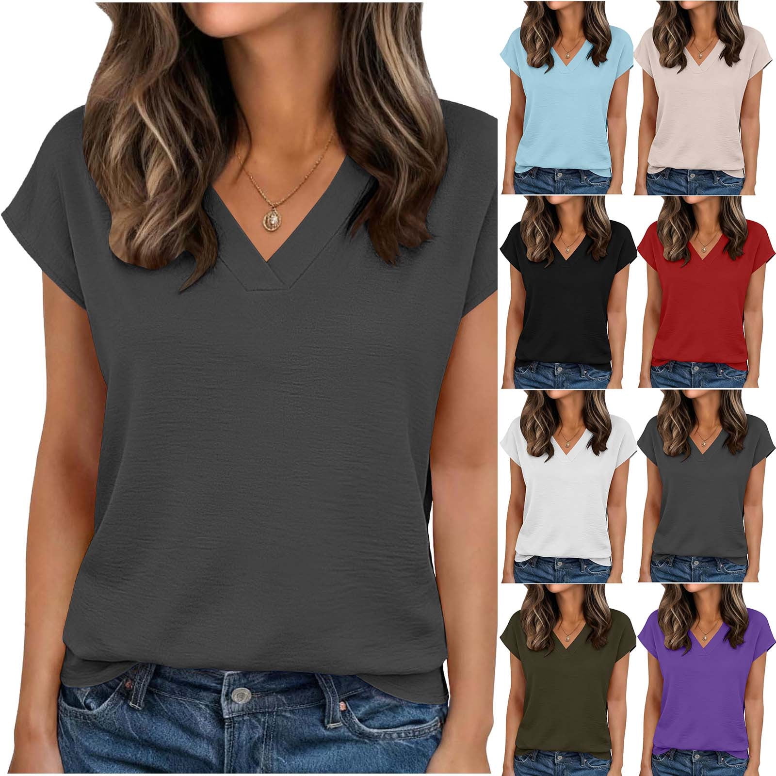 Inverlee Womens Versatile Short Sleeve Shirts Trendy Solid V Neck Tops ...