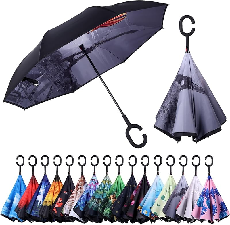 Inverted Reverse Umbrella with C-shaped Handle Windproof Upside Down ...