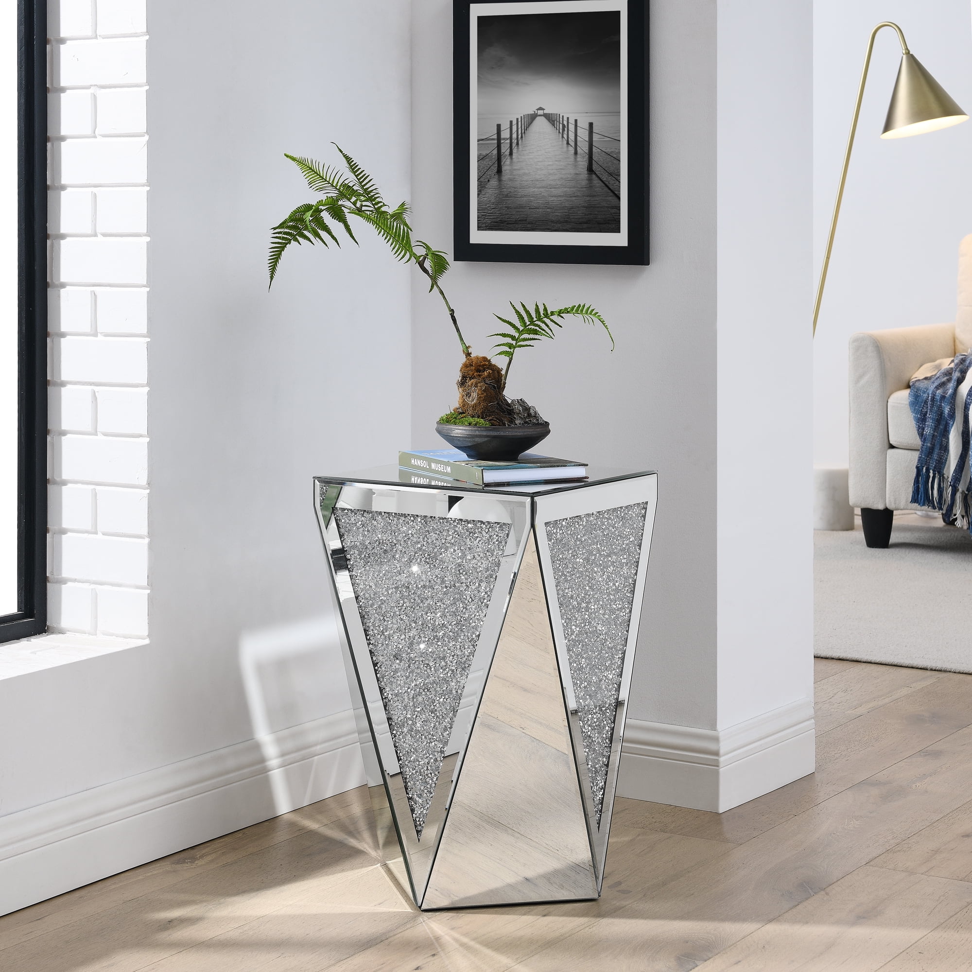 Inverted Triangular Mirror Square End Table, Silver Side Table with ...