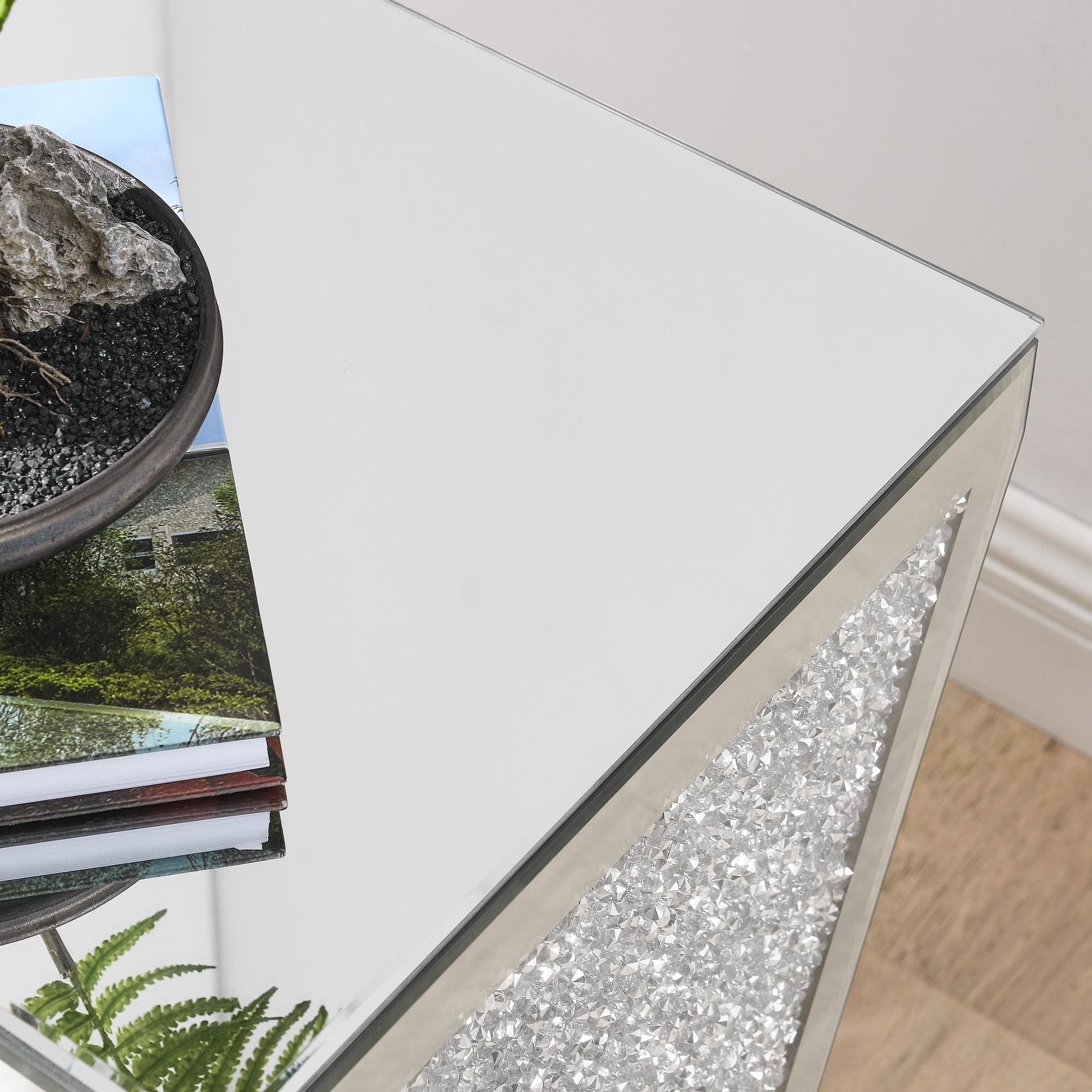 Inverted triangular mirror square table, crystal diamond inlaid coffee ...