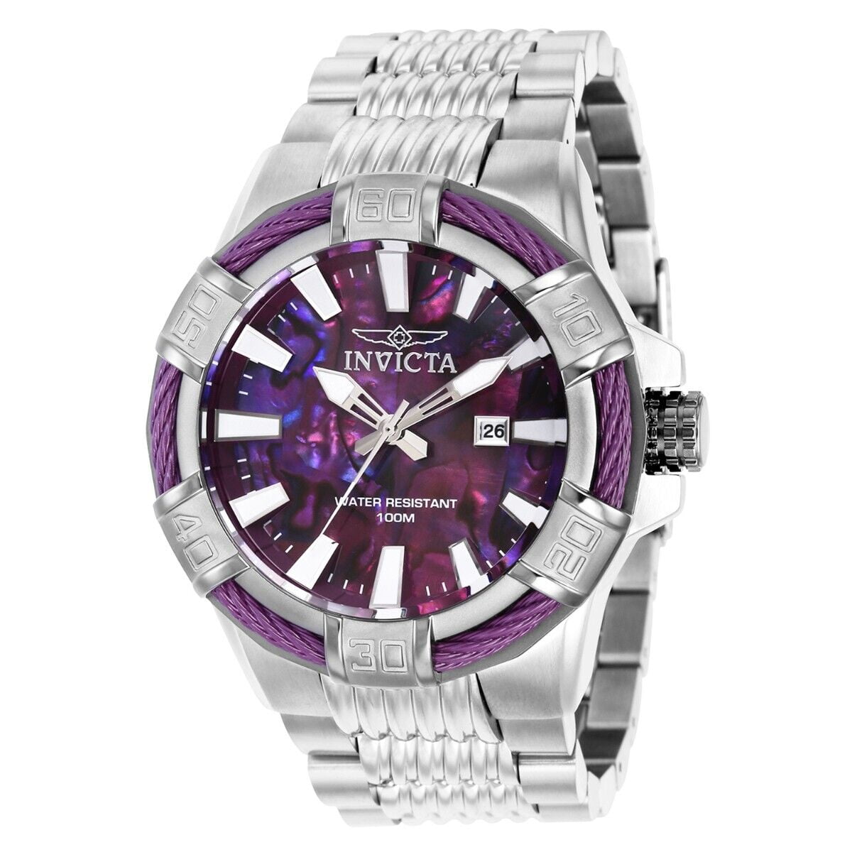 Invicta Bolt 38397 Purple Abalone Date Indicator Dial Silver Stainless ...