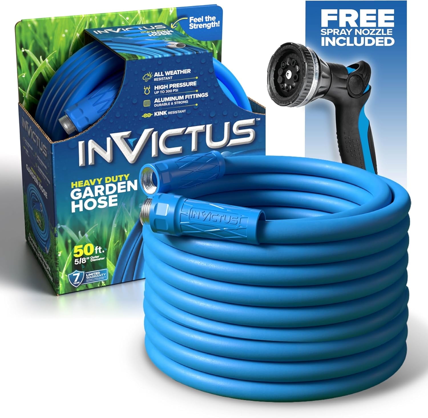 Invictus 50 Ft Garden Hose with Sprayer Nozzle, 2 Layer Heavy Duty ...