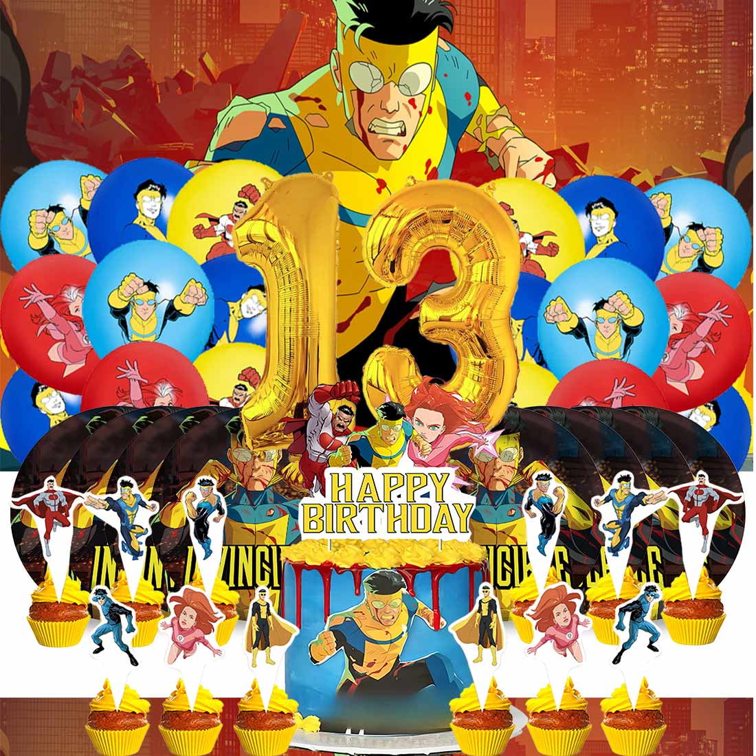 Invincible Balloons Party Supplies 13th Decor Tableware Birthday Cake ...