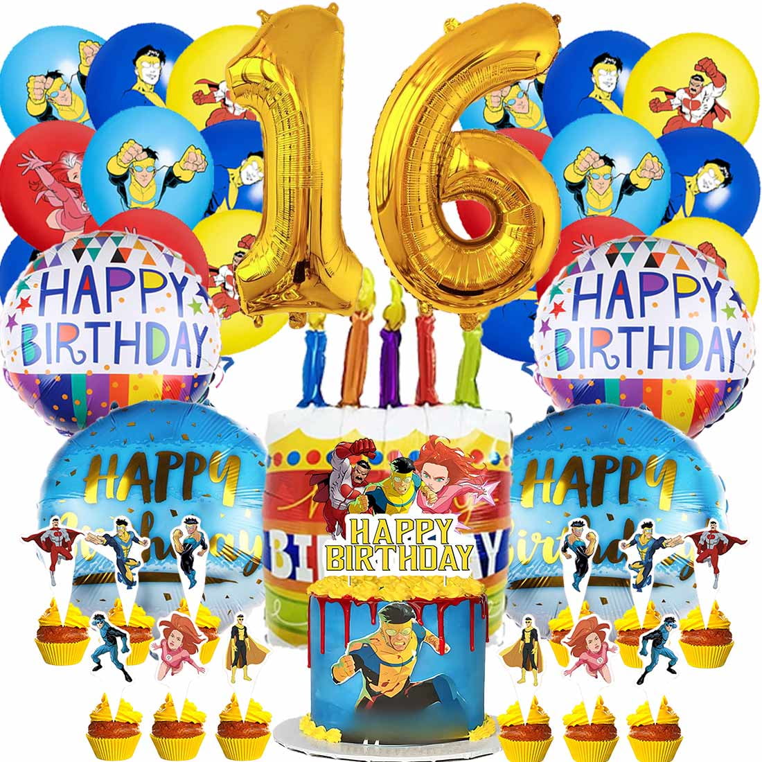 Invincible Party Supplies 16th Decor Kit Balloons Birthday Cake Topper ...