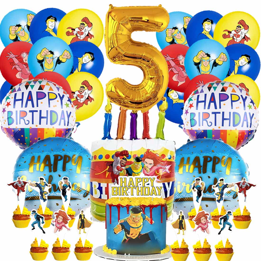 Invincible Party Supplies 5th Decor Kit Balloons Birthday Cake Topper ...