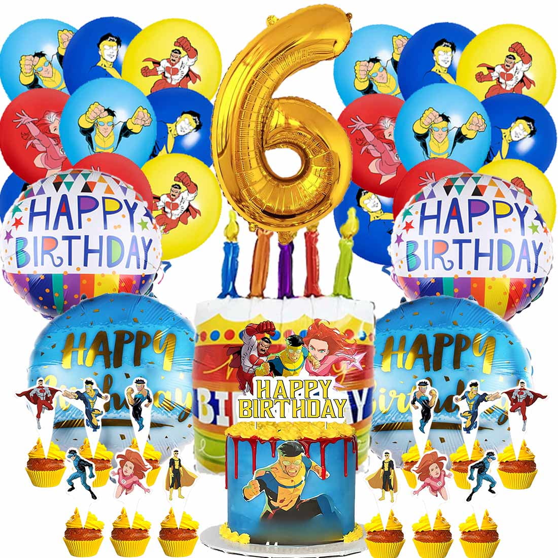 Invincible Party Supplies 6th Decor Kit Balloons Birthday Cake Topper ...