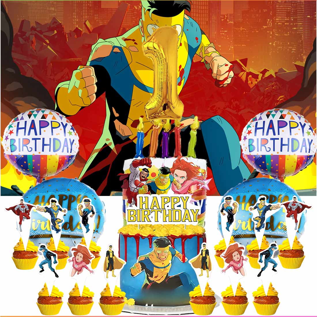 Invincible Party Supplies Decor 1st Kit Balloons Birthday Cake Topper ...