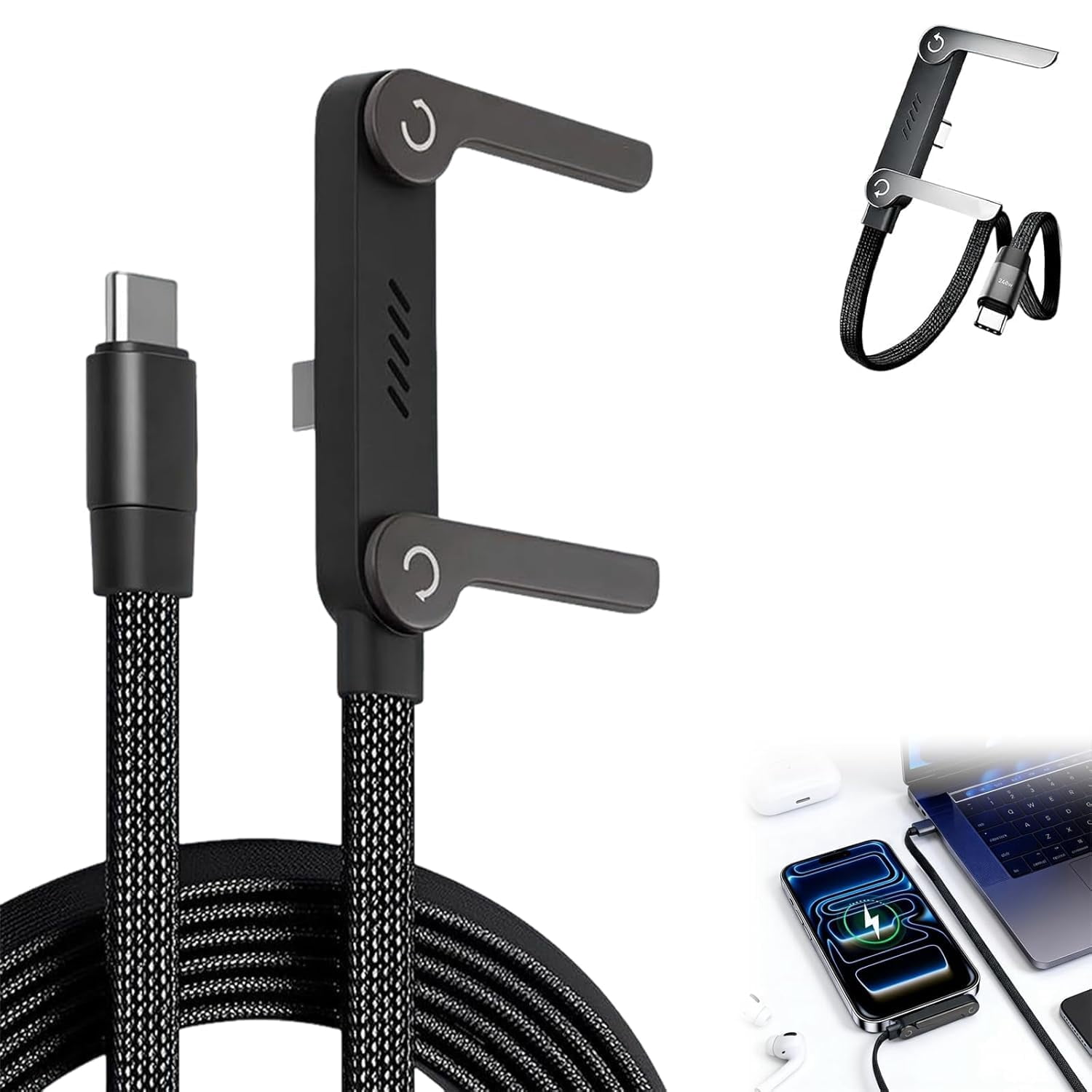 Invisible Holder Charger Cable with Stand, 2-in-1 Sideways USB-C Fast ...