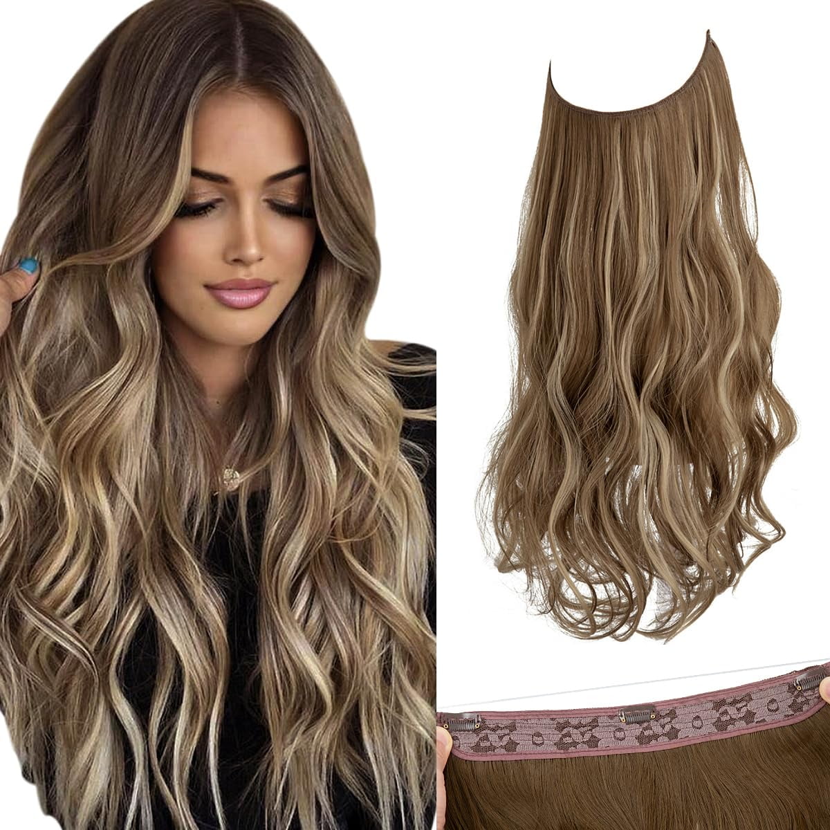 Invisible Wire Hair Extensions with 3 Clips Short Synthetic Wavy Curly ...