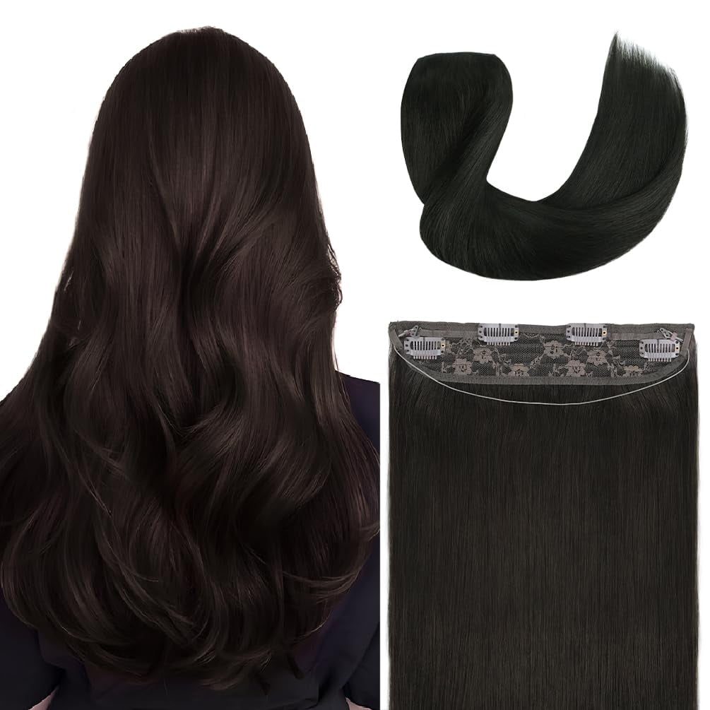 Invisible Wire Hair Extensions Real Human Hair - 16 Inch 80G Dark Brown ...