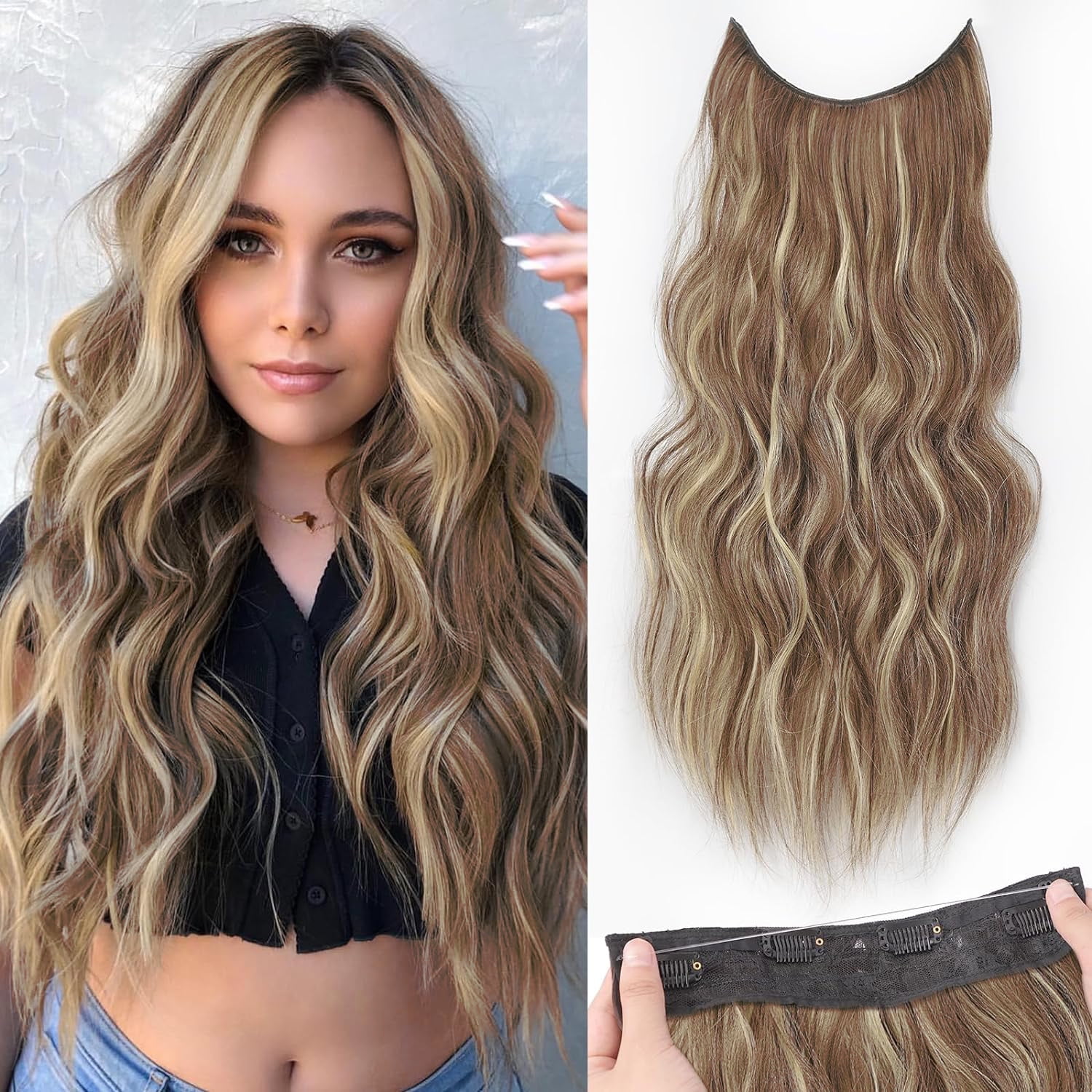 U_star Invisible Wire Hair Extensions, Medium Brown Ash Blonde, 24 Inch ...