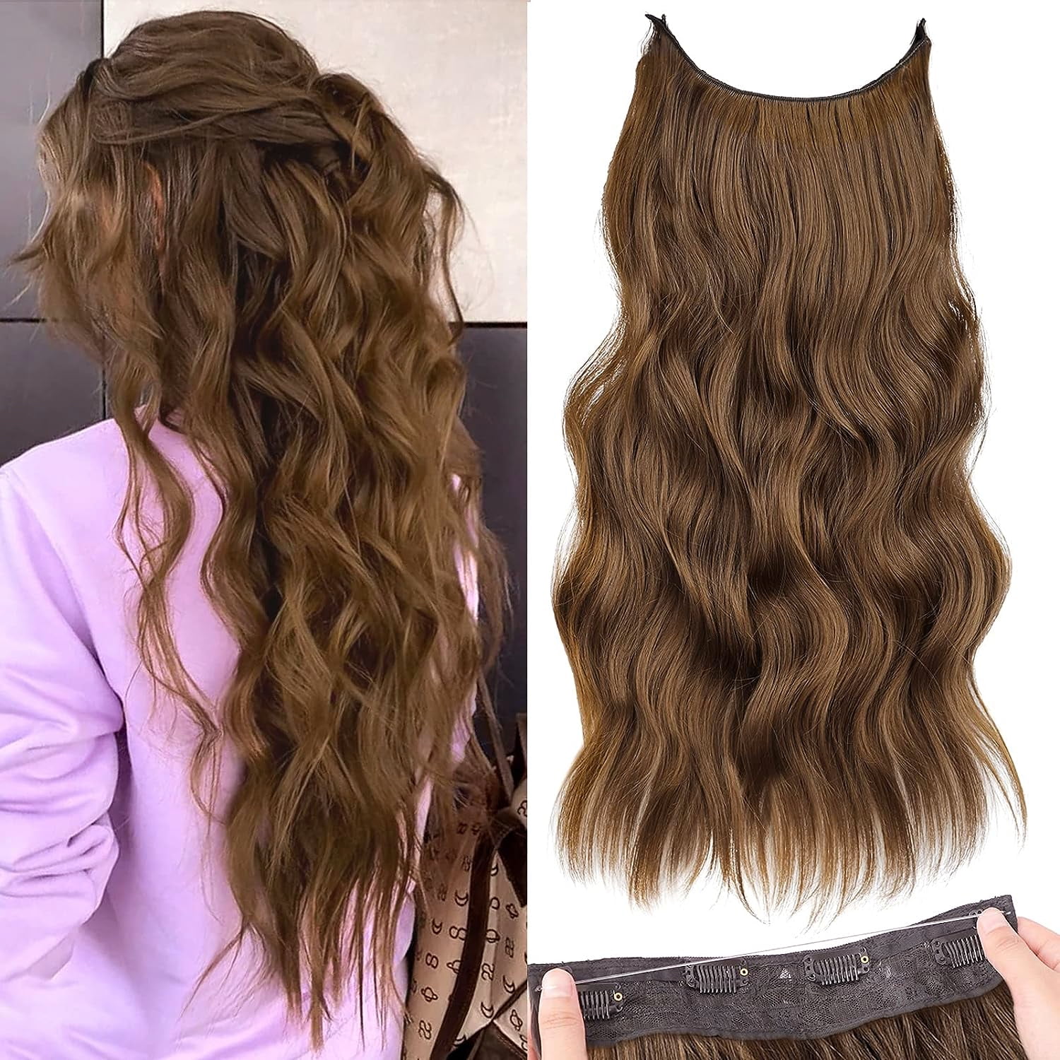 Invisible Wire Hair Extensions with Transparent Wire Long Wavy ...