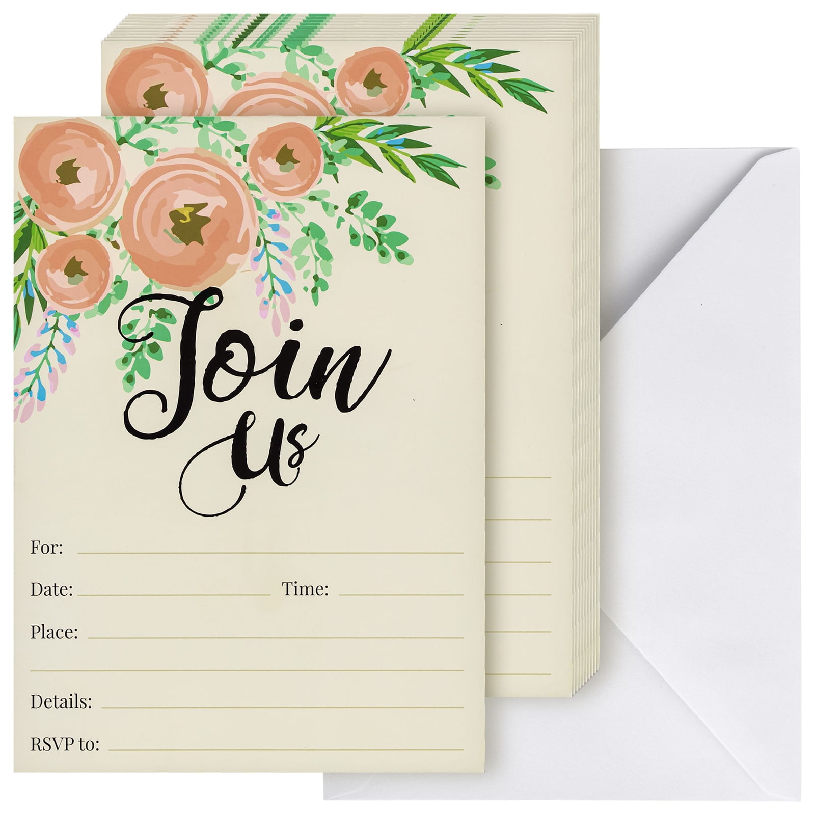 50 Floral Print RSVP Invites with Envelopes, 5x7 in, for Birthdays ...