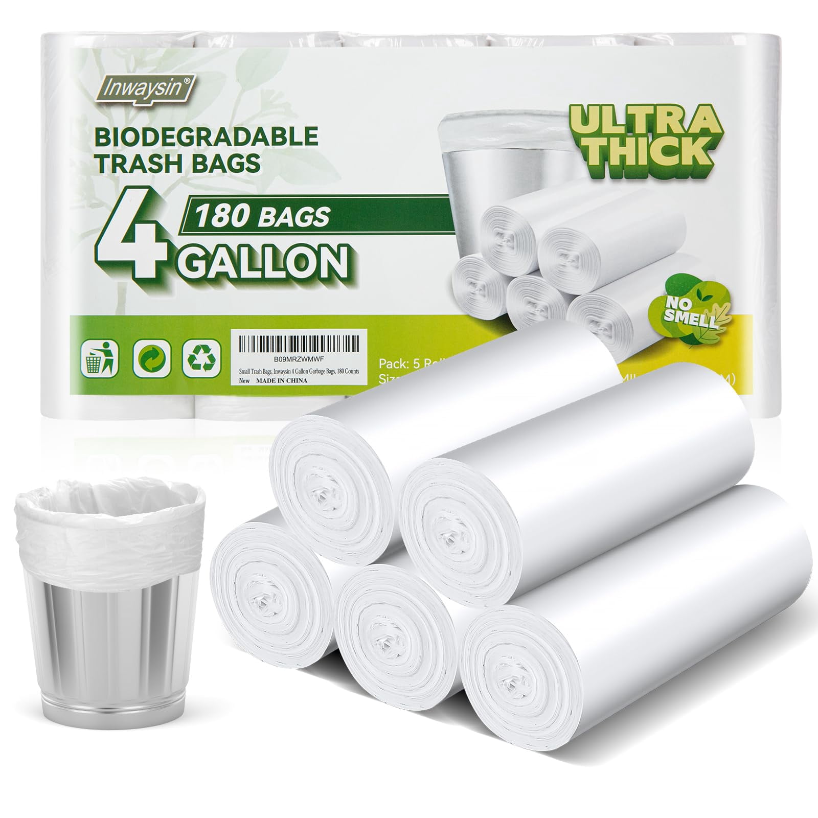 Inwaysin 4-6 Gallon Small Trash Bags Biodegradable 180 Counts, Ultra ...
